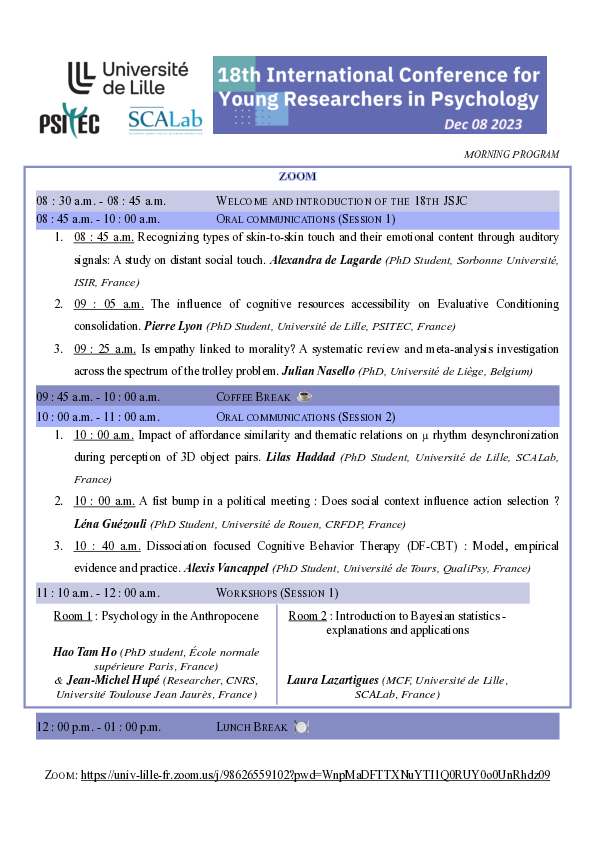 JSJC 2023 – 18ème Journée Scientifique des Jeunes Chercheurs en Psychologie: Psitec - ULR 4072